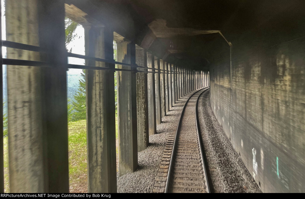 A view out the rear car on the northbound Coast Starlight as we descend Pengra Pass on UP's ...